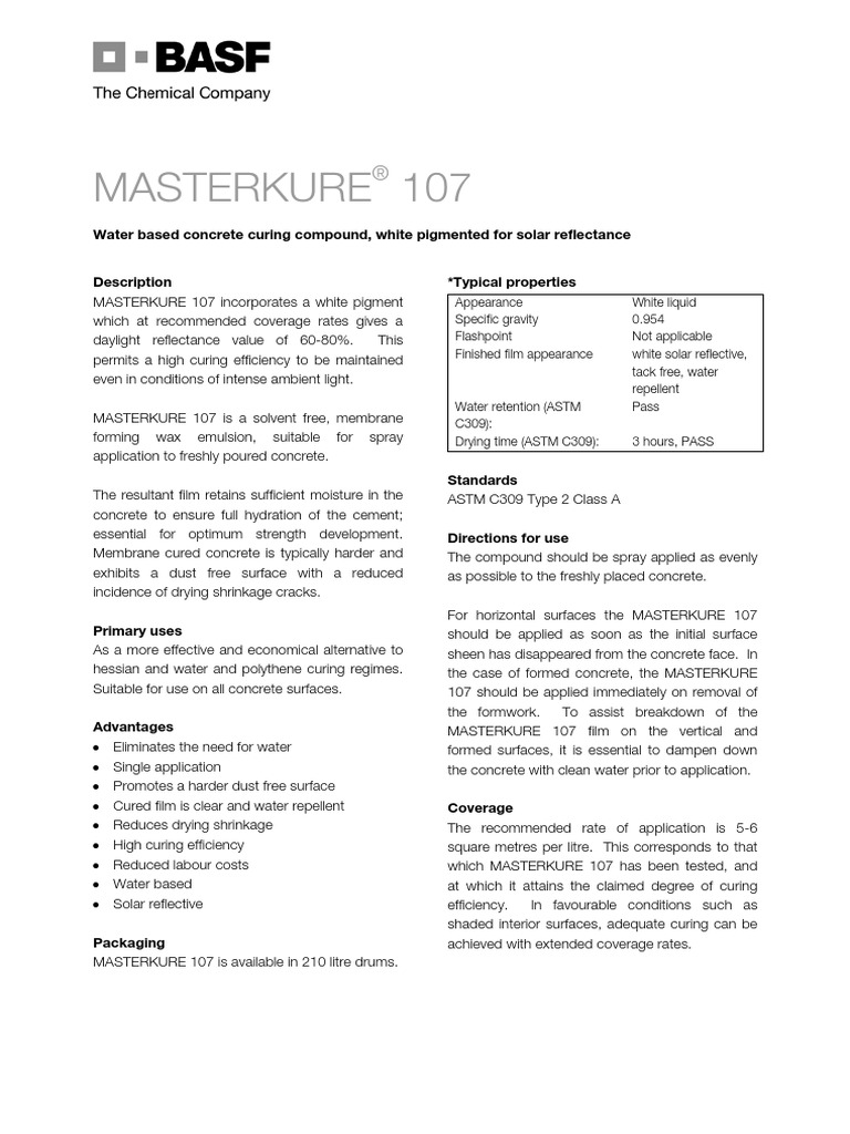 Masterkure 107: Water Based Concrete Curing Compound, White Pigmented ...