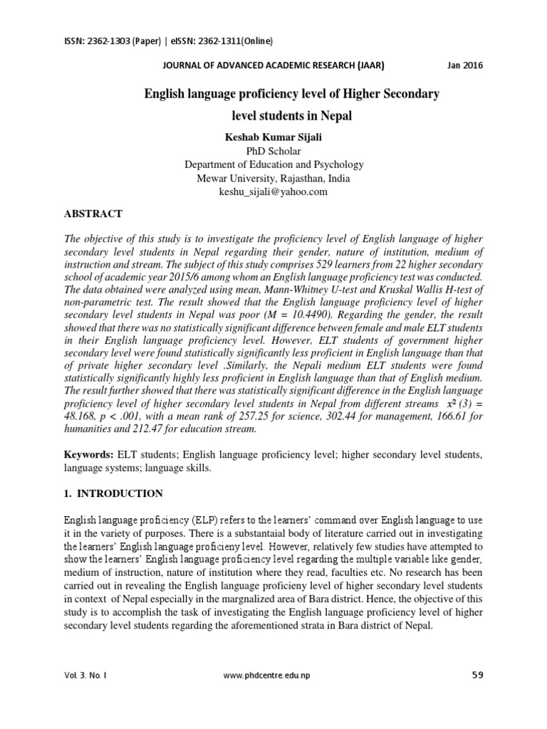 English Language Proficiency Level of Higher Secondary Level Students ...