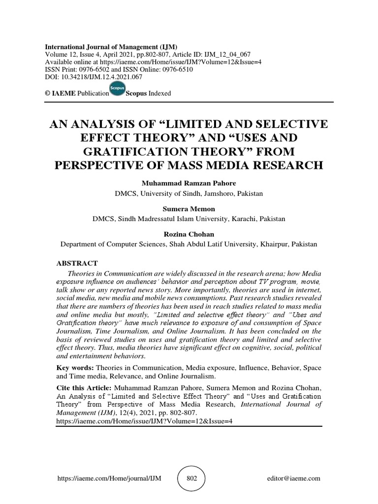 An Analysis of "Limited and Selective Effect Theory" and "Uses and ...