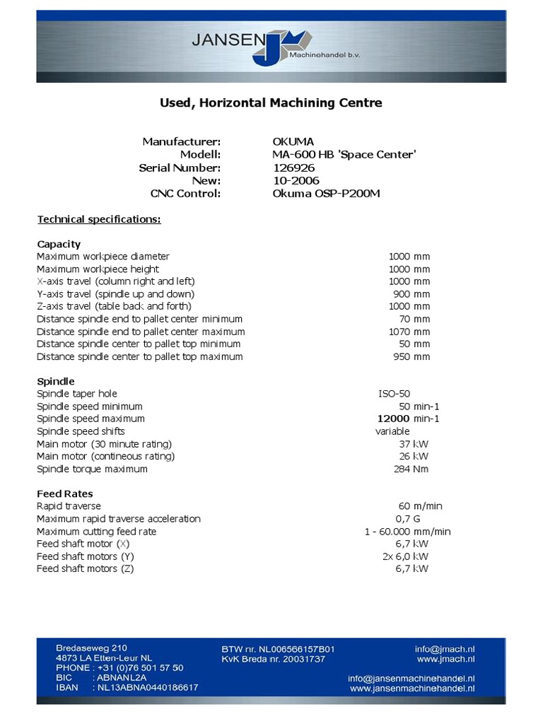 Okuma MA-600 HB Specifications | PDF | Machining | Secondary Sector Of ...