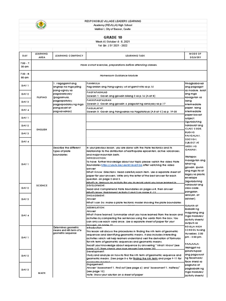 Grade 10-Weekly Home Learning Plan (Week 4) | PDF