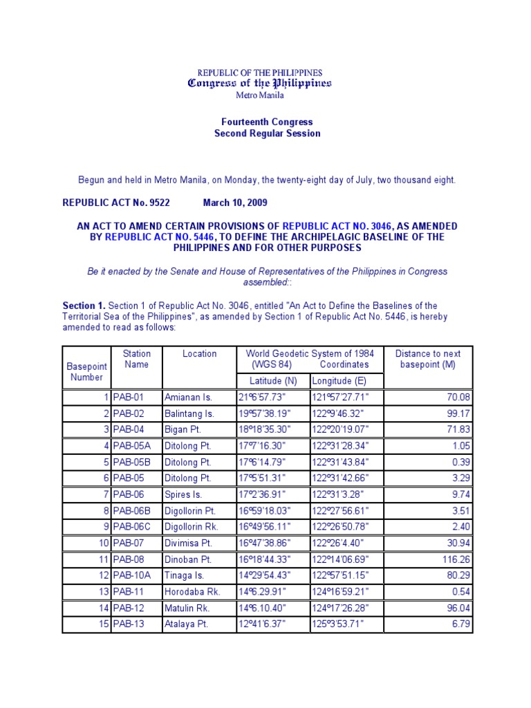 Ra 9522 Archipelagic Baseline | PDF | Public Law | Constitutional Law