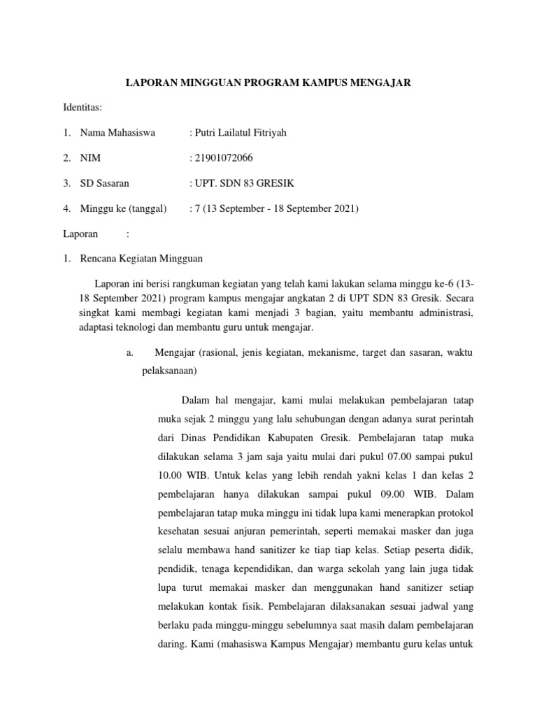 Laporan Mingguan Ke 7 Program Kampus Mengajar. | PDF