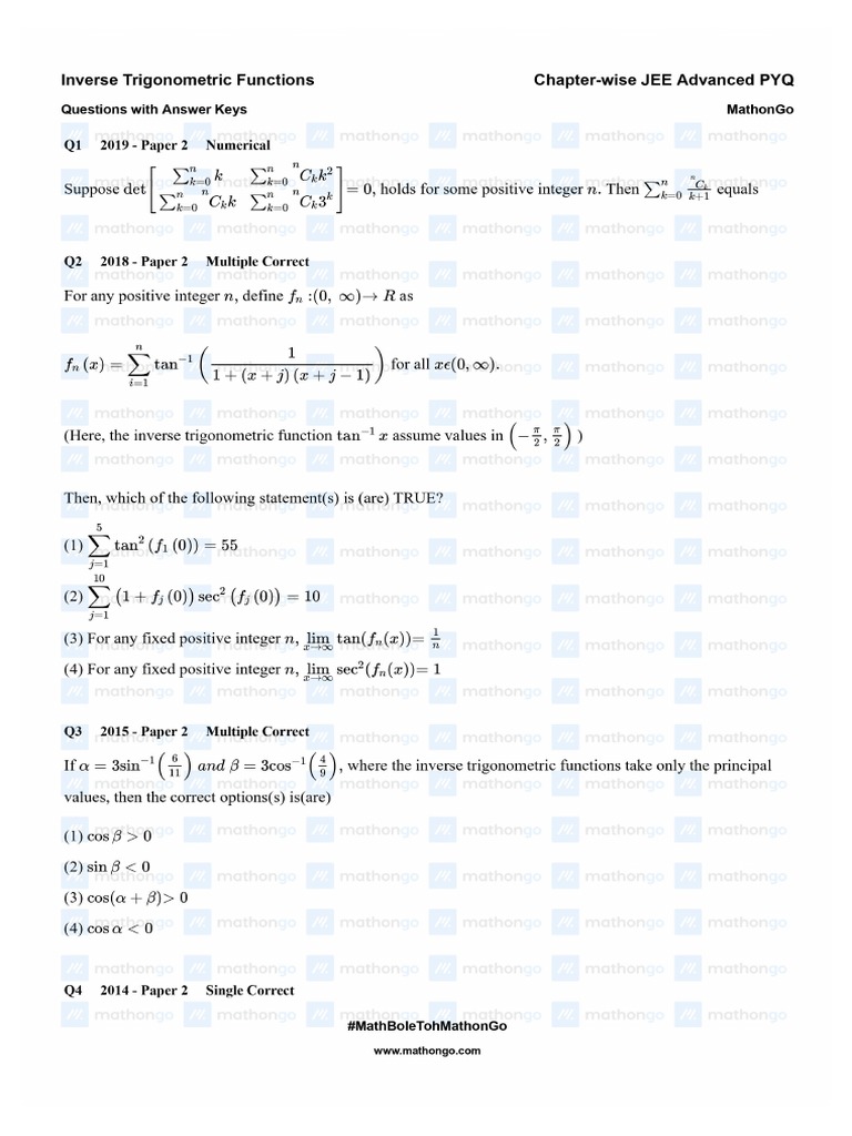 Question - Inverse Trigonometric Functions - JEE Advanced PYQ | PDF