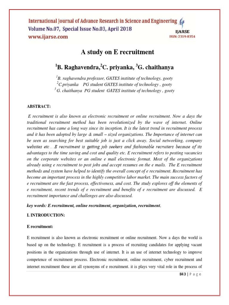 A Study On E Recruitment: B. Raghavendra, C. Priyanka, G. Chaithanya | Descargar gratis PDF ...