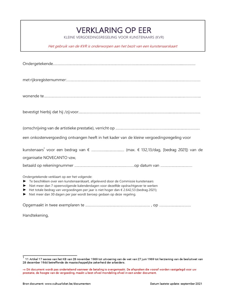 NOVECANTO - 202001 - Verklaring - Op - Eer - KVR-geconverteerd | PDF