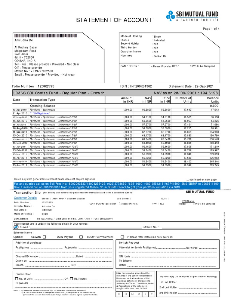 Statement of Account: L036G SBI Contra Fund - Regular Plan - Growth NAV ...