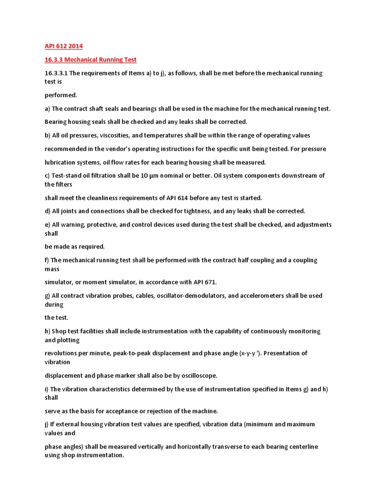 API 612 2014 Mechanical Running Test | PDF | Bearing (Mechanical ...
