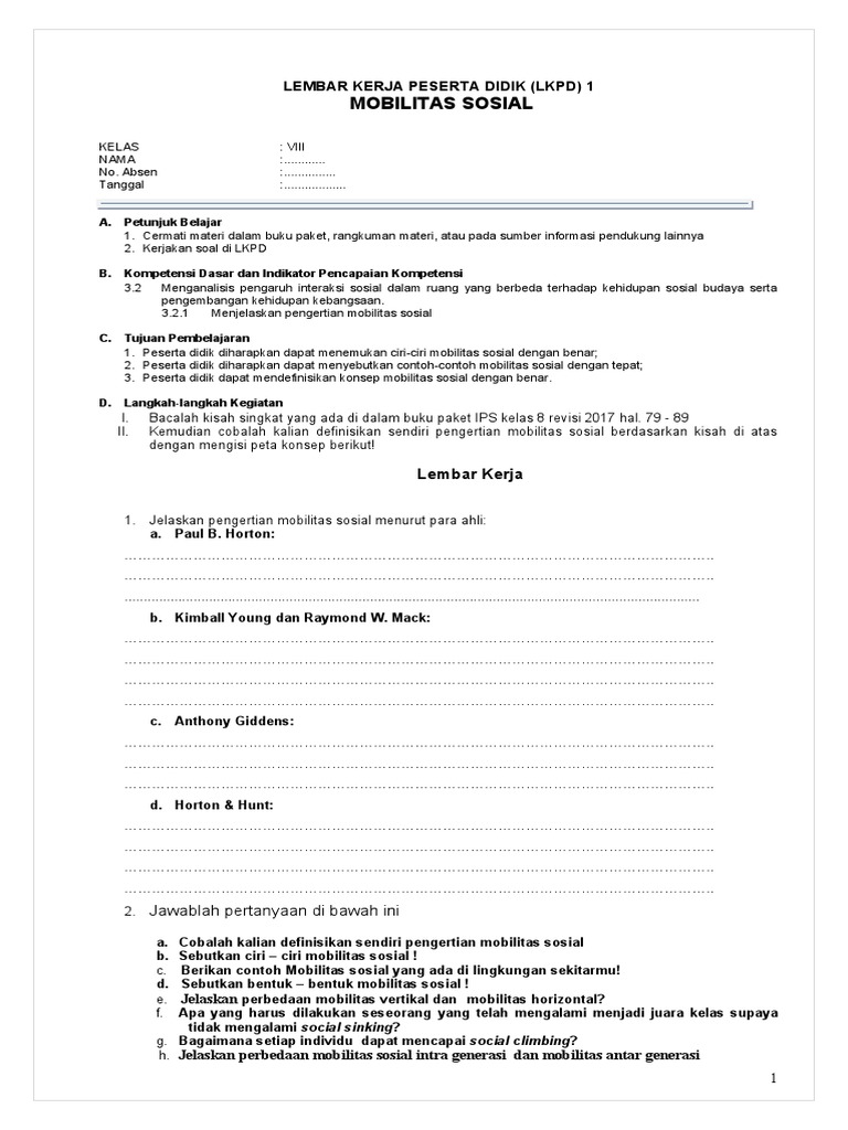 LKPD 1. Materi Konsep Mobilitas Sosial IPS Kelas 8 | PDF LKPD 1. Materi Konsep Mobilitas Sosial IPS Kelas 8 | PDF
