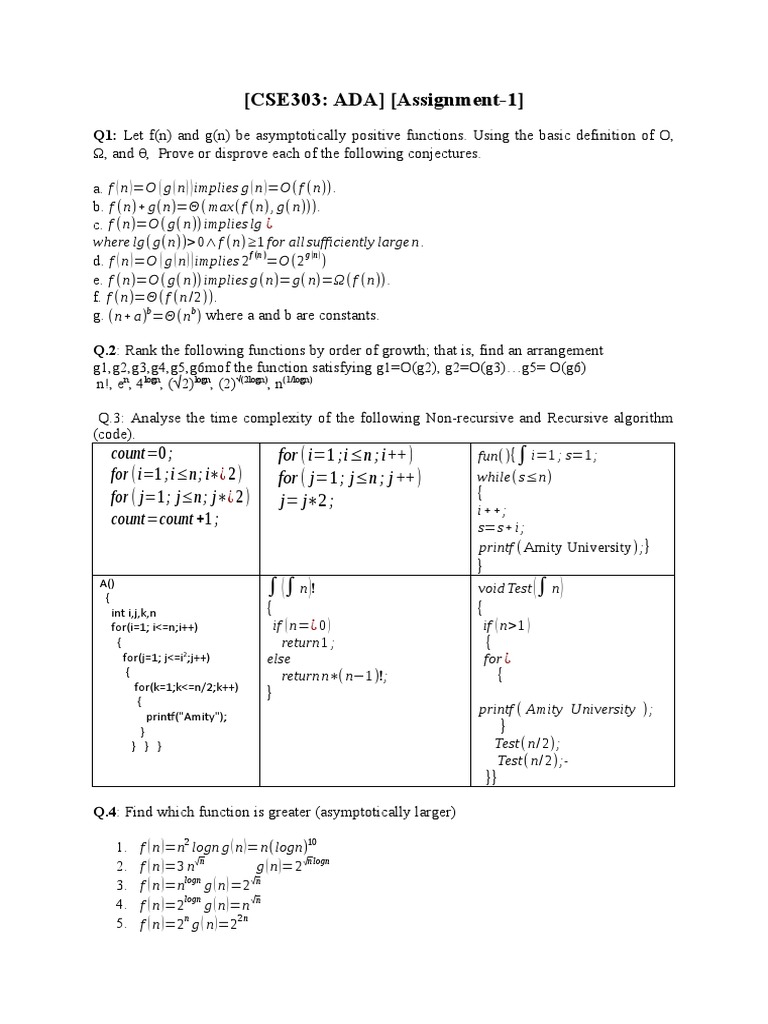 (CSE303: ADA) (Assignment-1) : Count 0 For (I 1 I N I For (J 1 J N J Count Count +1 | PDF ...