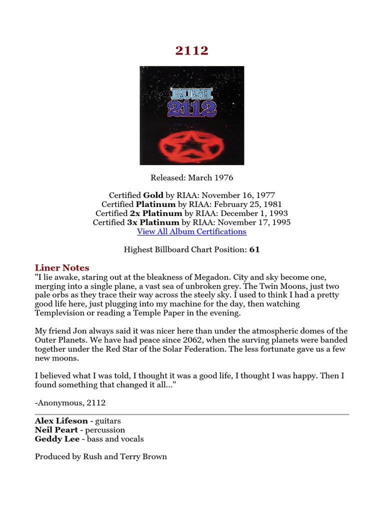 2112 - Rush (Album Lyrics) | PDF