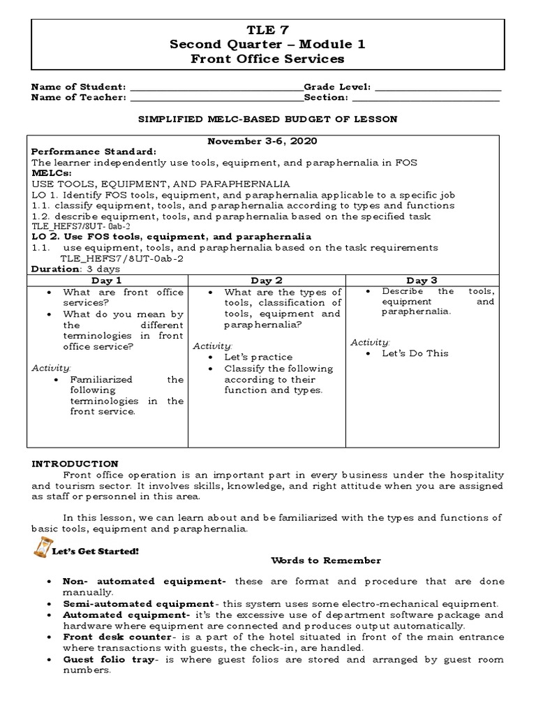 Tle 7 Second Quarter - Module 1 Front Office Services: TLE - HEFS7/8UT ...
