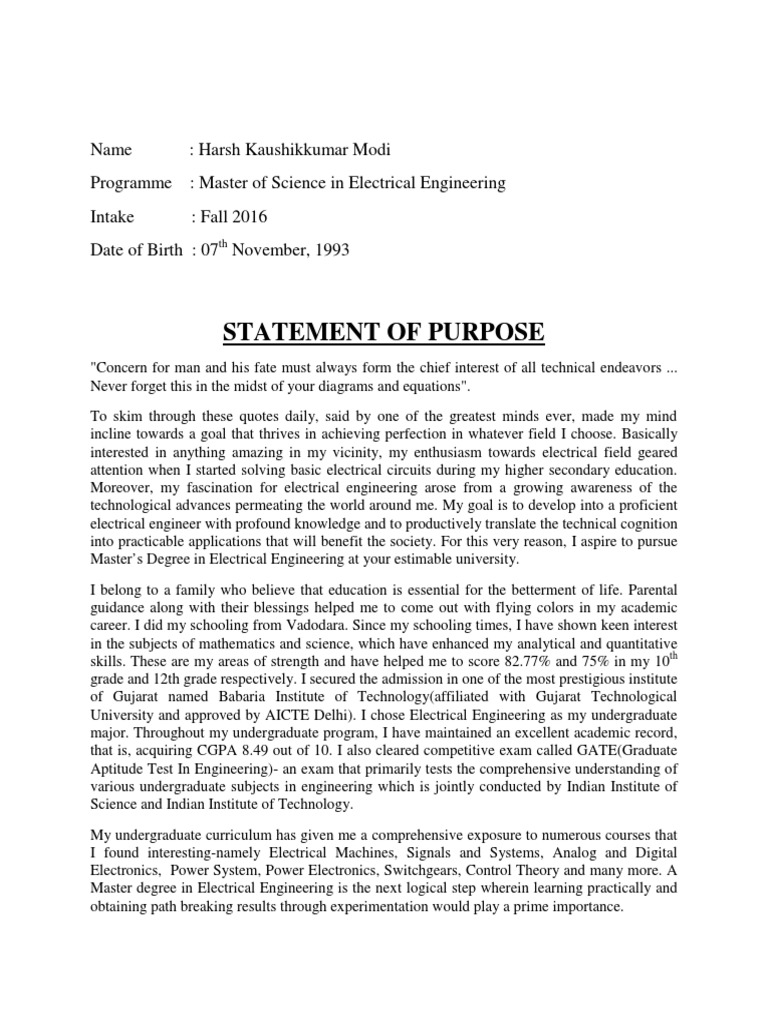 Statement of Purpose | PDF | Engineering | Electrical Engineering