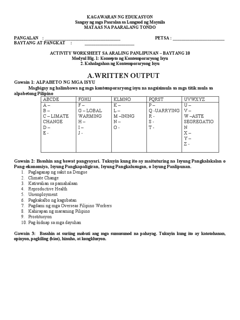 Activity Sheet para Sa Modyul Blg.1 | PDF