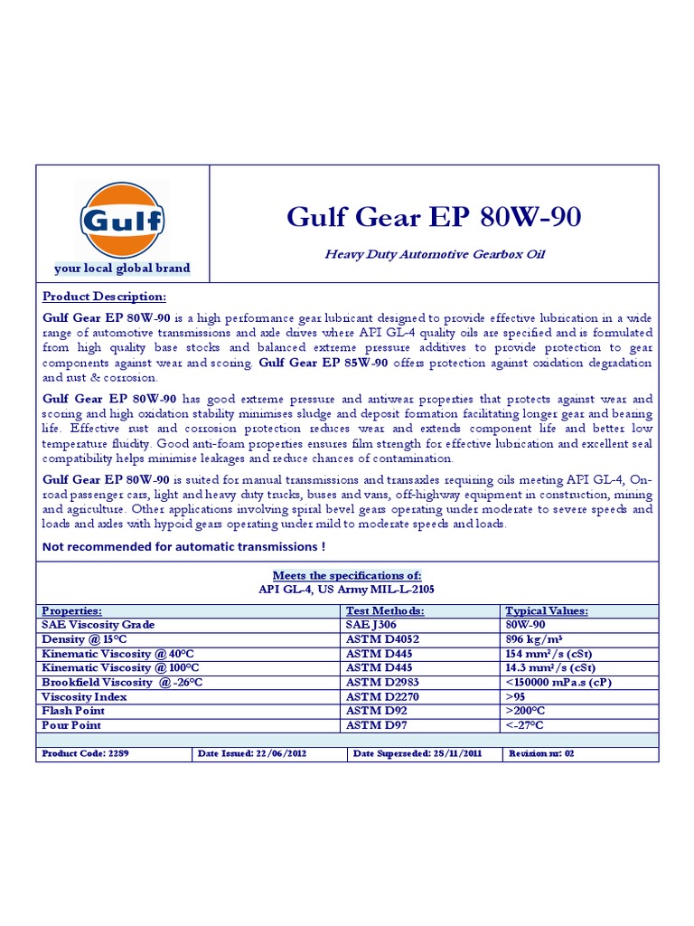 Gulf Gear EP 80W-90 | PDF | Manufactured Goods | Materials Gulf Gear EP 80W-90 | PDF | Manufactured Goods | Materials
