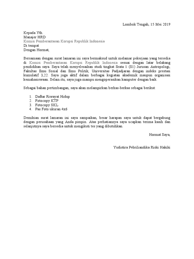 Surat Lamaran KPK | PDF