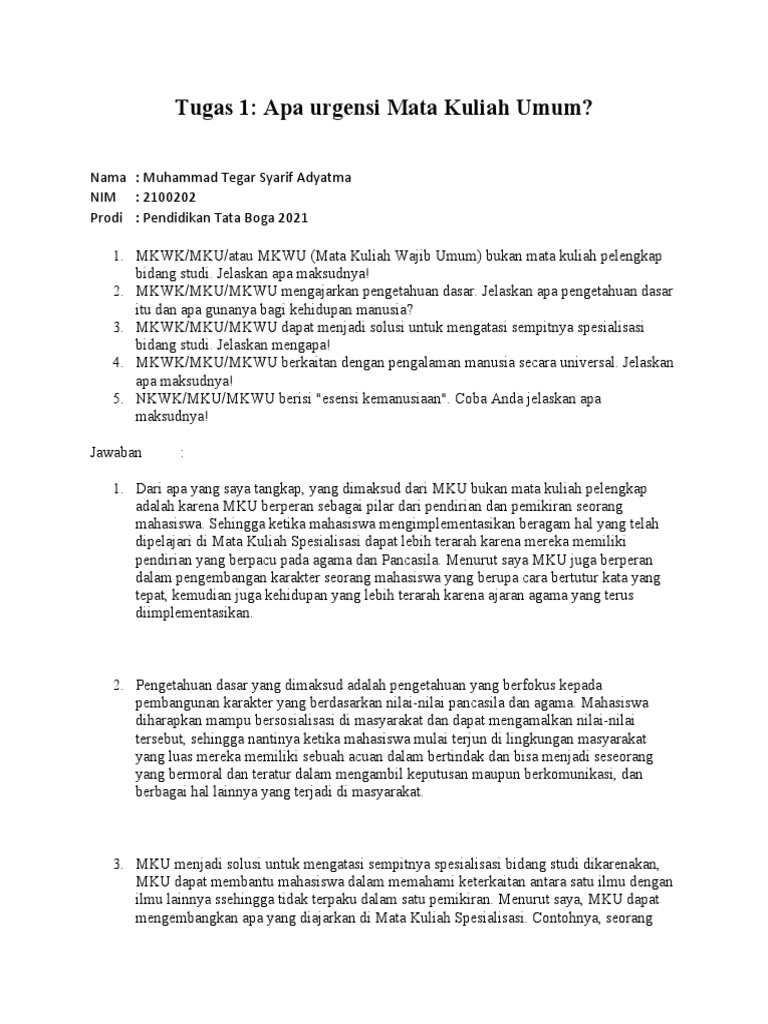 Tugas 1 Apa Urgensi Mata Kuliah Umum | PDF | Karier & Perkembangan ...