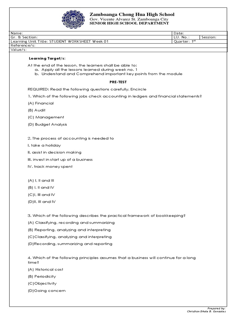Student Worksheet - Week01 - Fundamentals of Accounting | PDF ...