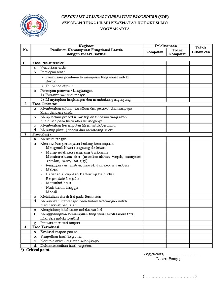 SOP Pengkajian Kemampuan Fungsional Lansia - Indeks Barthel | PDF