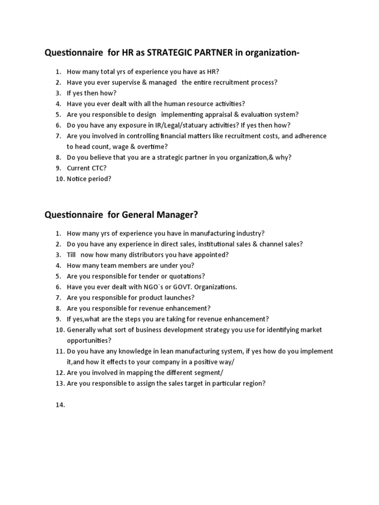 Questionnaire For HR & GM | PDF