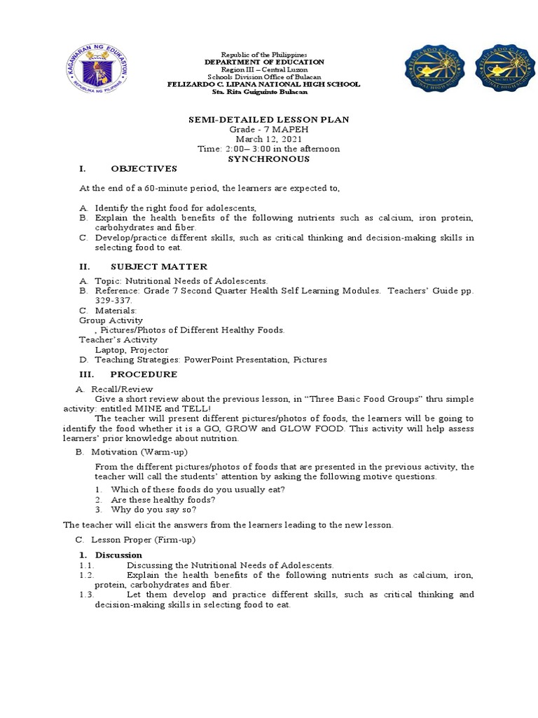 Semi Detailed Lesson Plan For COT | PDF | Foods | Lesson Plan