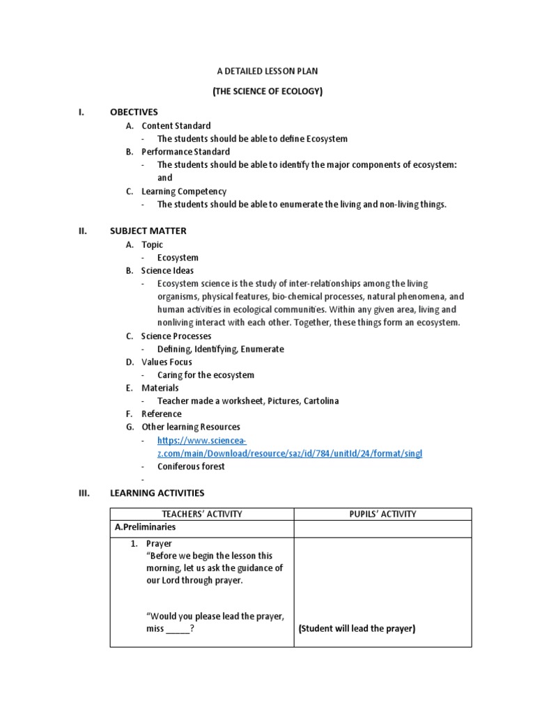 A Detailed Lesson Plan Ecololy Sci 2 | PDF | Ecosystem | Ecology