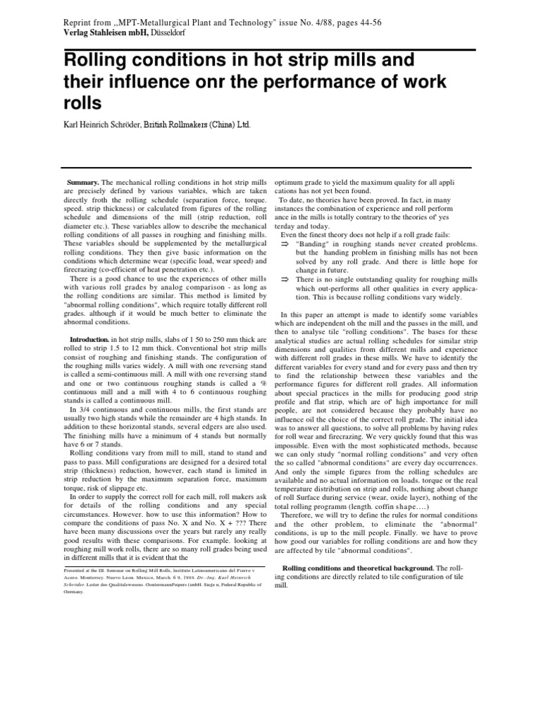 Rolling Conditions in Hot Strip Mills and Their Influence On R The ...