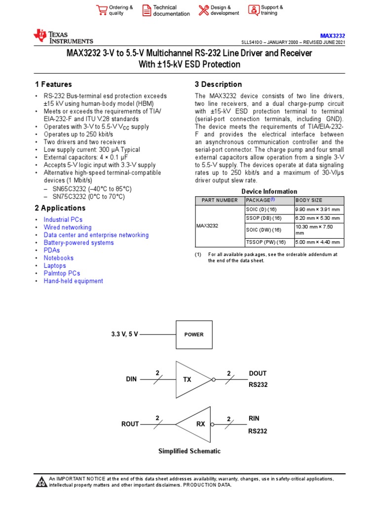 MAX3232 3-V To 5.5-V Multichannel RS-232 Line Driver and Receiver With 15-kV ESD Protection ...