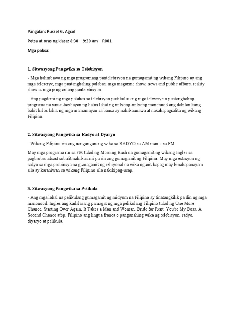 Filipino 1 - Mga Paksa | PDF