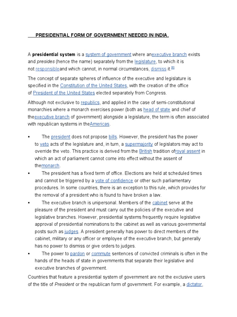 Presidential Form of Government Needed in India | PDF | Veto | Policy
