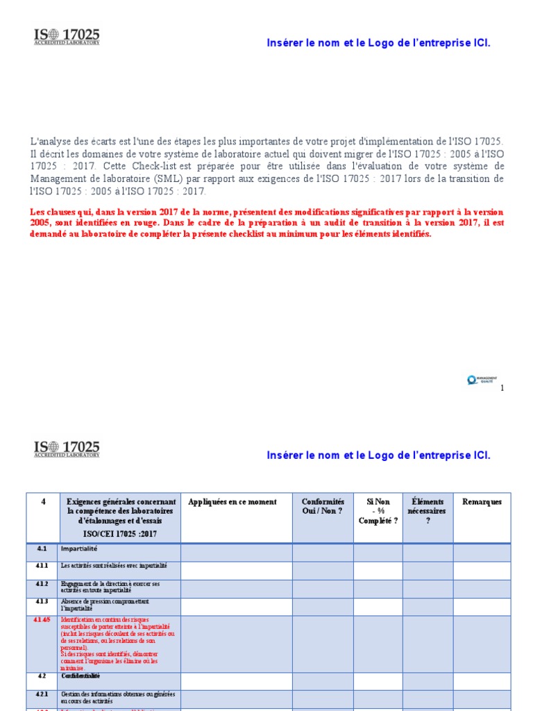 ISO 17025 2017 Checklist | PDF | Métrologie | Calibrage