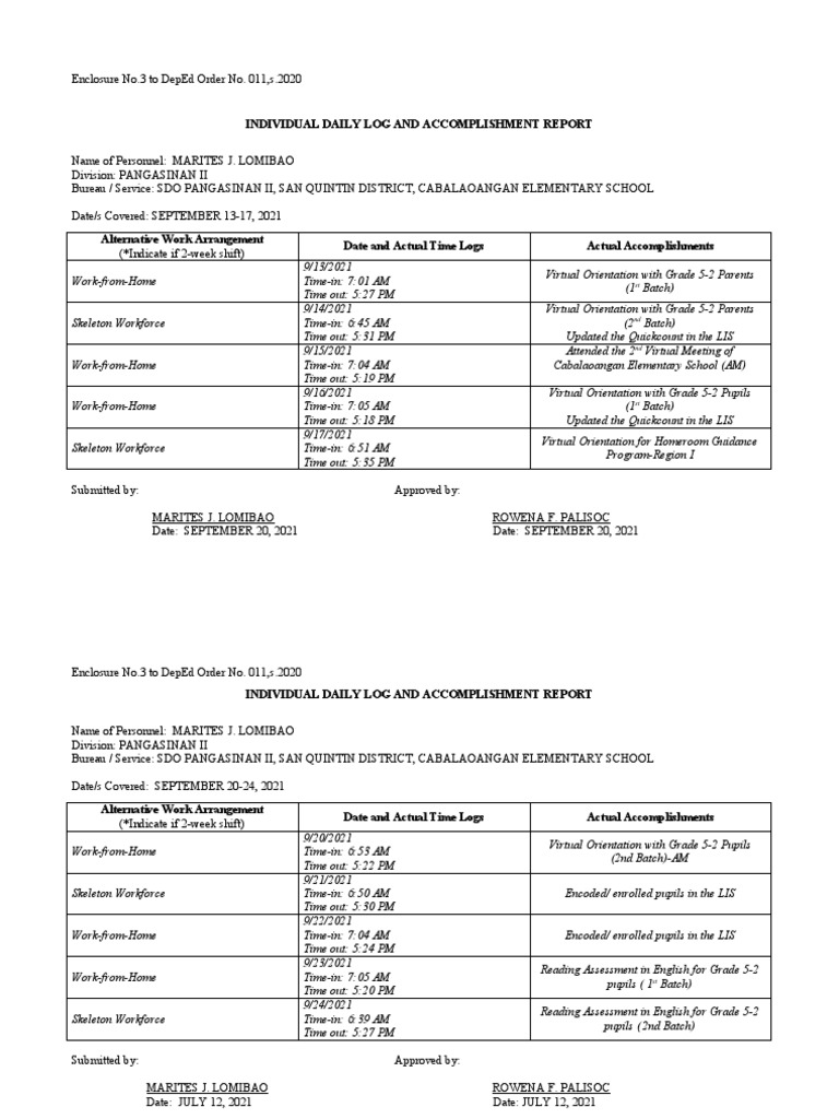 Individual Daily Log and Accomplishment Report | Download Free PDF ...