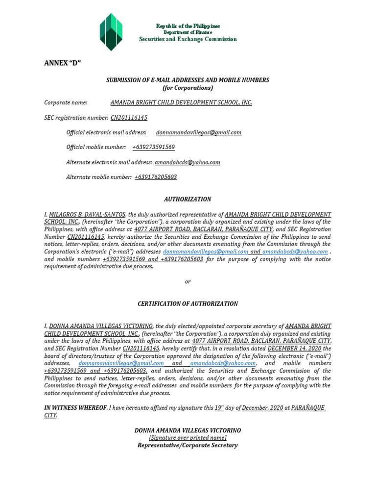 Annex "D": Submission of E-Mail Addresses and Mobile Numbers (For Corporations) | PDF | U.S ...