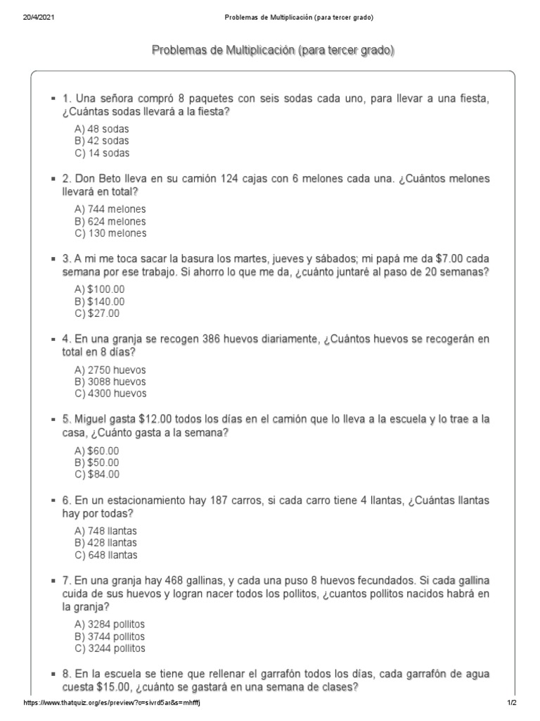 Problemas de Multiplicación (Para Tercer Grado) | PDF