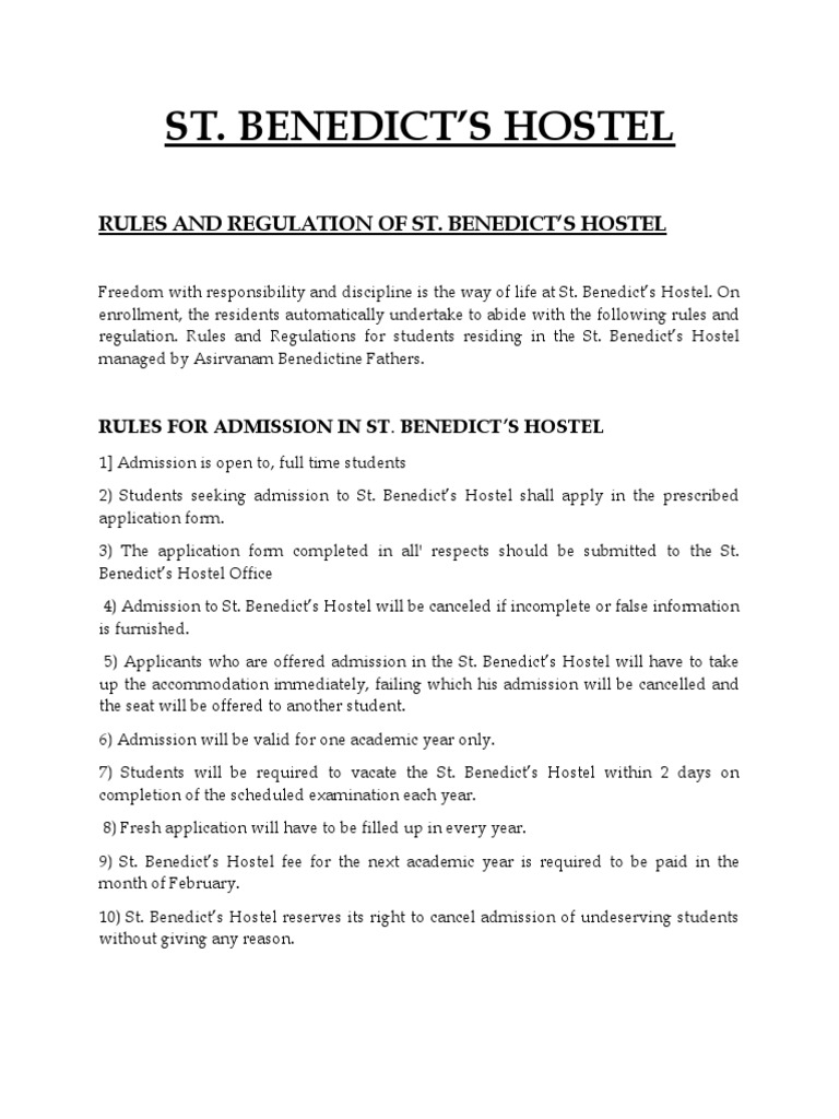 Rules and Regulation of St. Benedict'S Hostel | PDF | University And ...