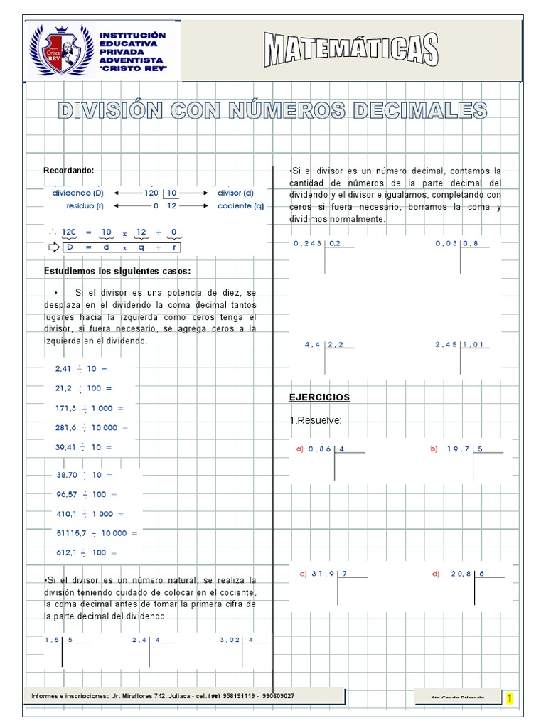 13.división Con Números Decimales para Cuarto Grado de Primaria | PDF ...
