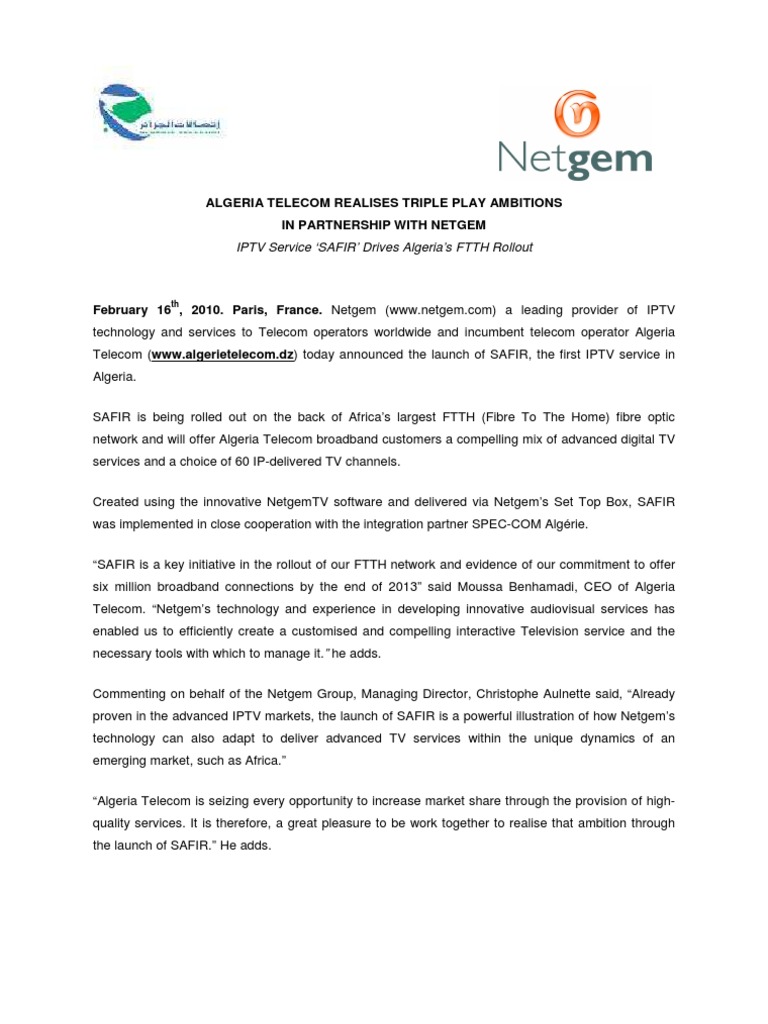AlgerieTelecom NETGEM IPTV | PDF | Iptv | Fiber To The X