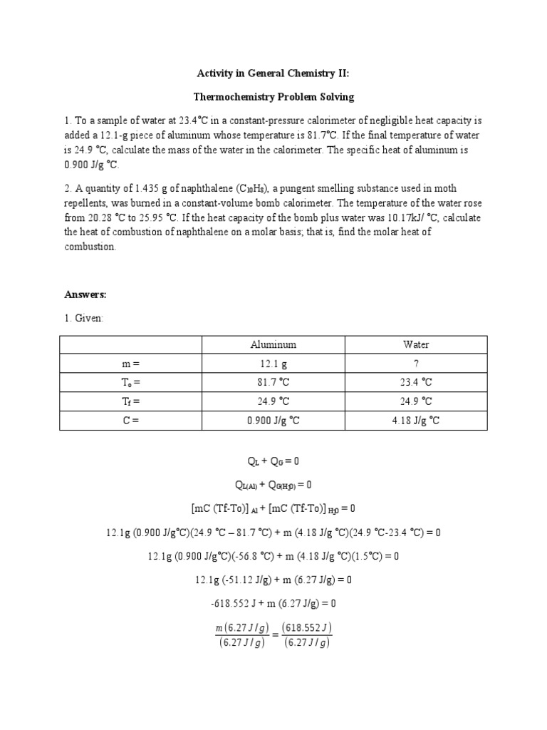 Activity in General Chemistry II: Thermochemistry Problem Solving | PDF ...
