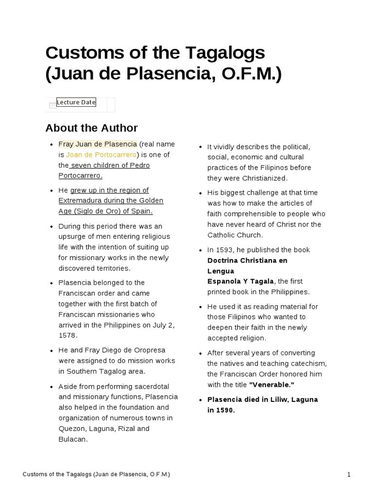 Customs of the Tagalogs by Plasencia | PDF | Religion & Spirituality ...