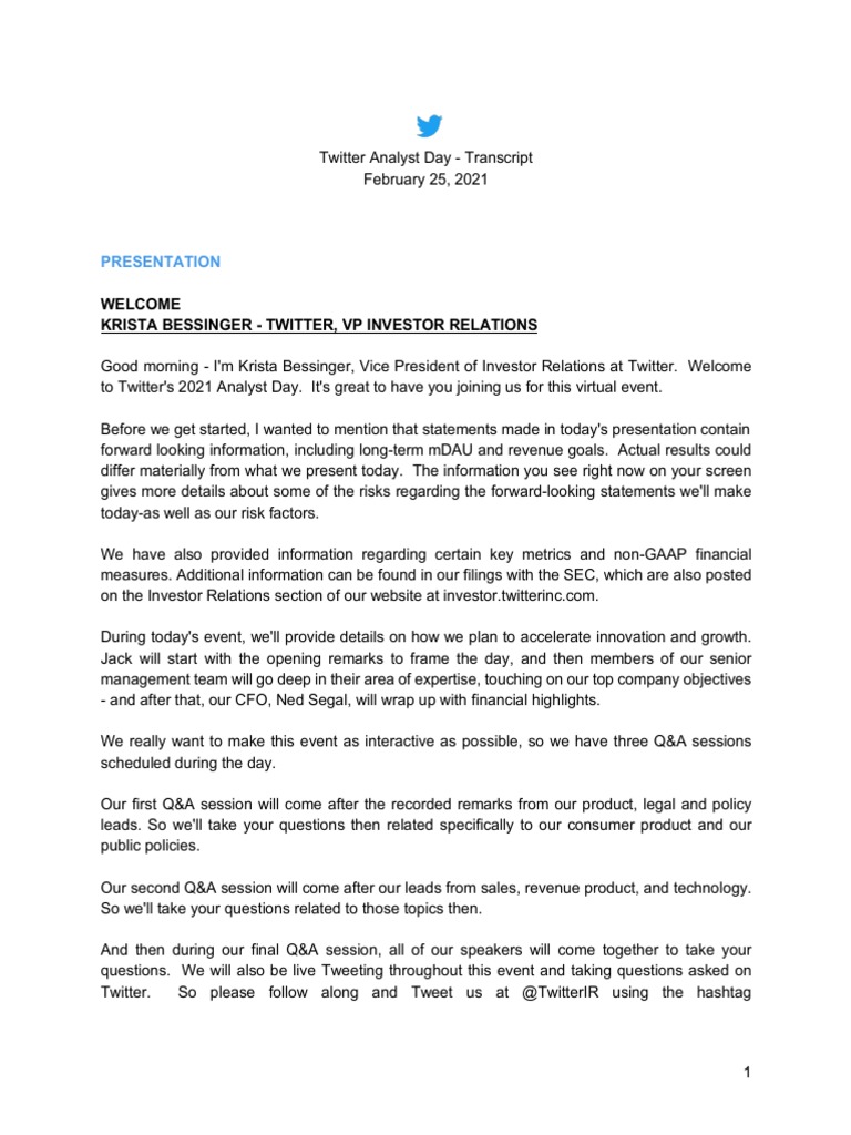 Presentation: Welcome Krista Bessinger - Twitter, VP Investor Relations ...