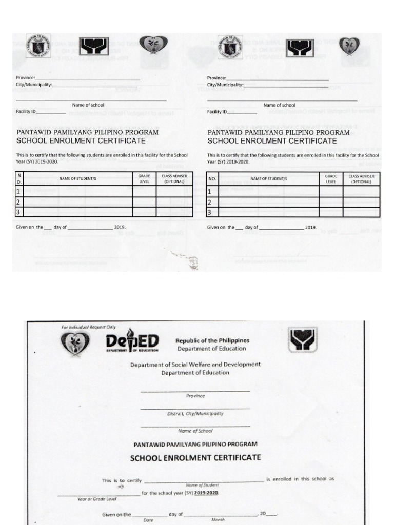 4Ps School Enrollment Certificate | PDF