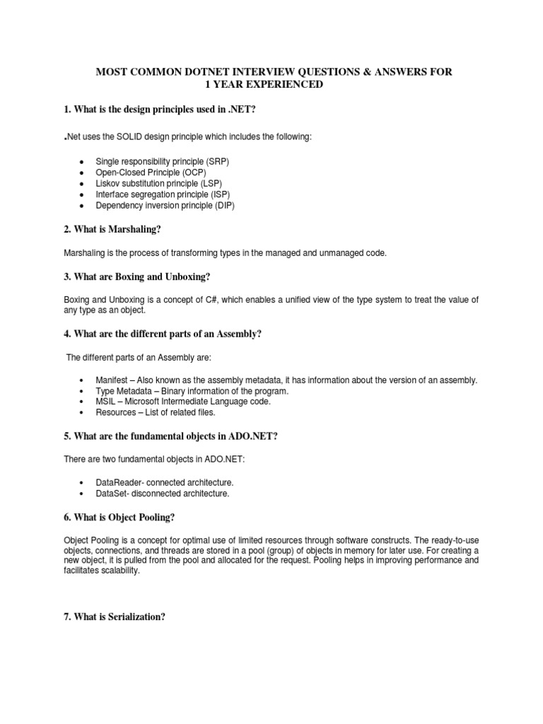 Most Common Dotnet Interview Questions & Answers For 1 Year Experienced ...