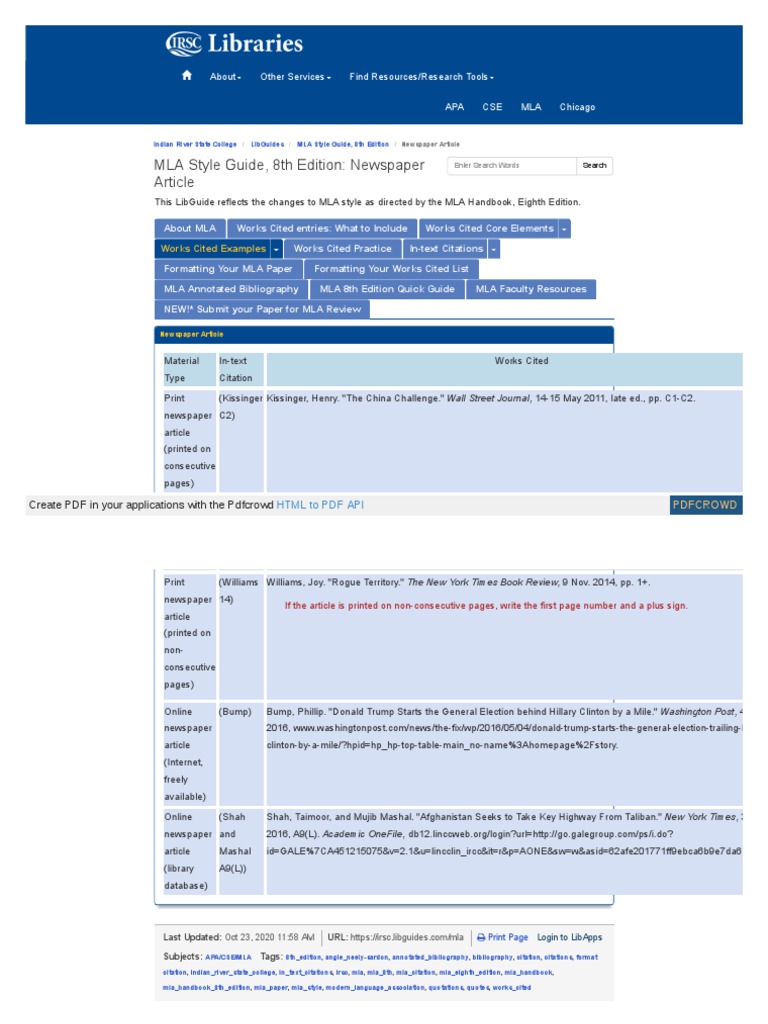 MLA Style Guide, 8th Edition - Newspaper Article | Download Free PDF ...
