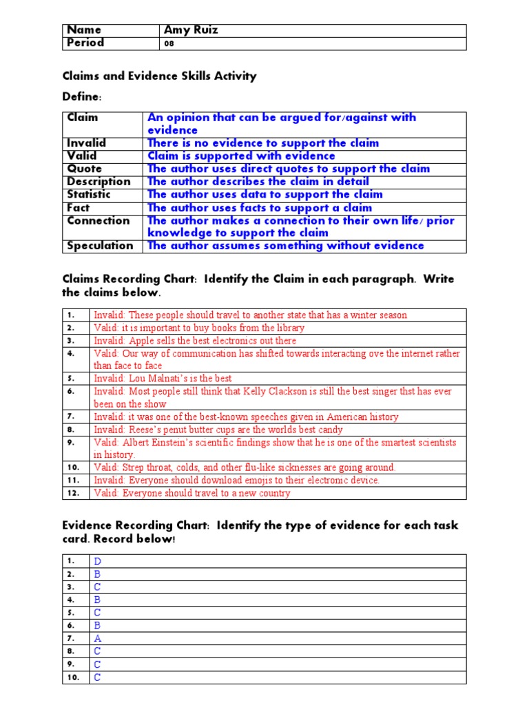 Claims and Evidence Skills Activity Worksheet 1 | PDF