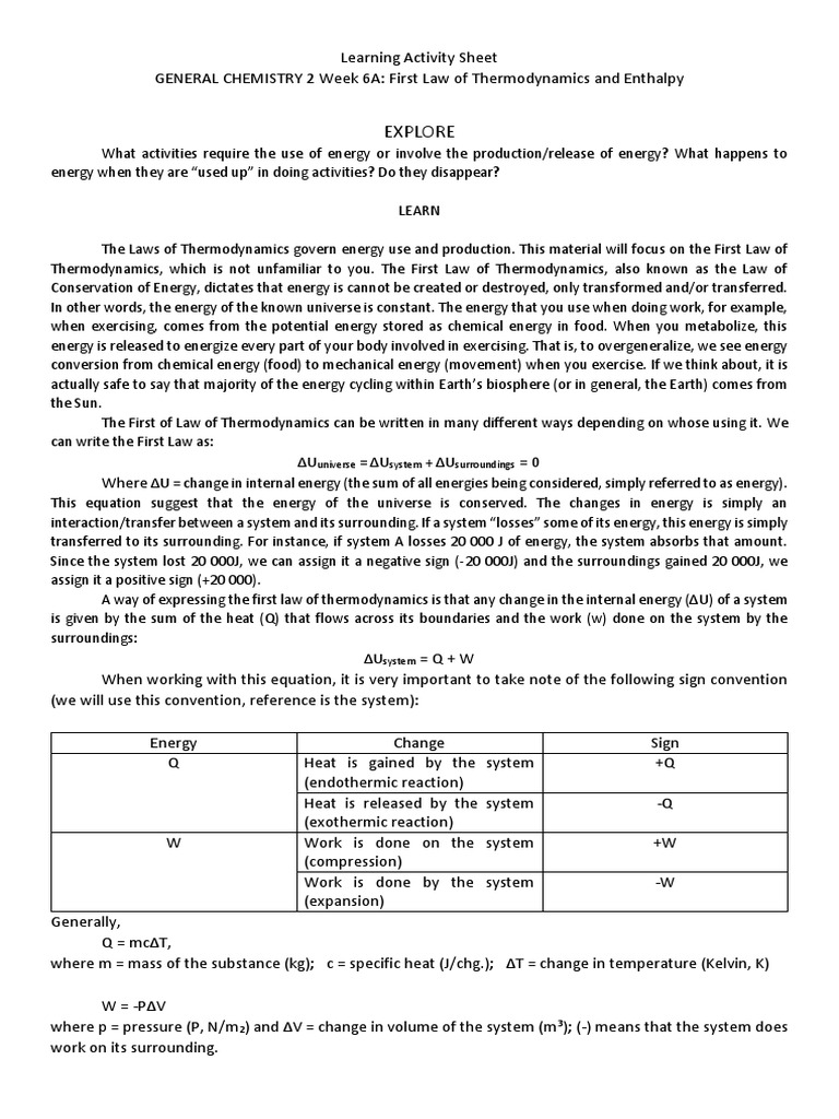 First Law of Thermodynamics and Enthalpy | PDF | Enthalpy | Heat
