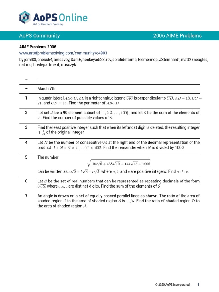 Aops Community 2006 Aime Problems | PDF | Triangle | Square Root