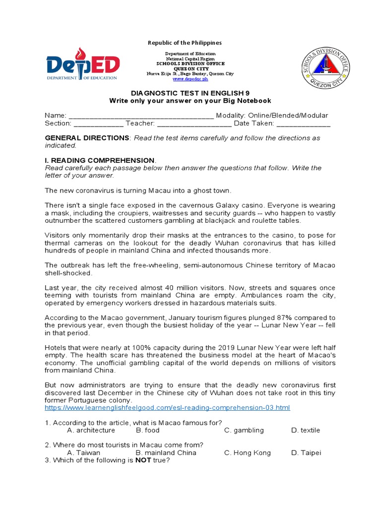 Diagnostic Test in English 9 2021 Q1W2 1 | PDF | Macau | Mainland China