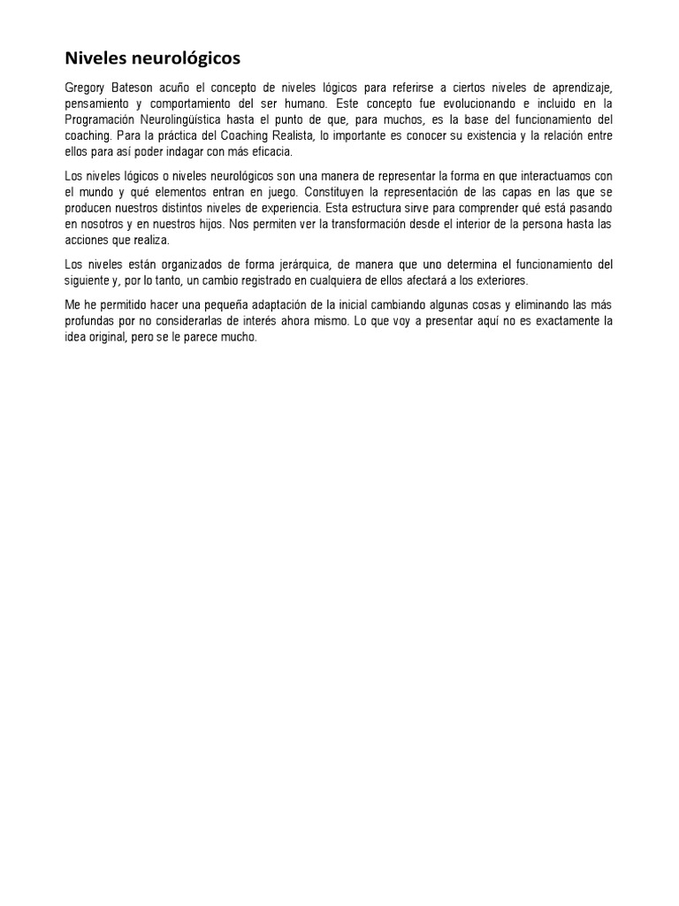 Niveles Neurológicos | Descargar gratis PDF | Comportamiento | Aprendizaje Niveles Neurológicos | Descargar gratis PDF | Comportamiento | Aprendizaje