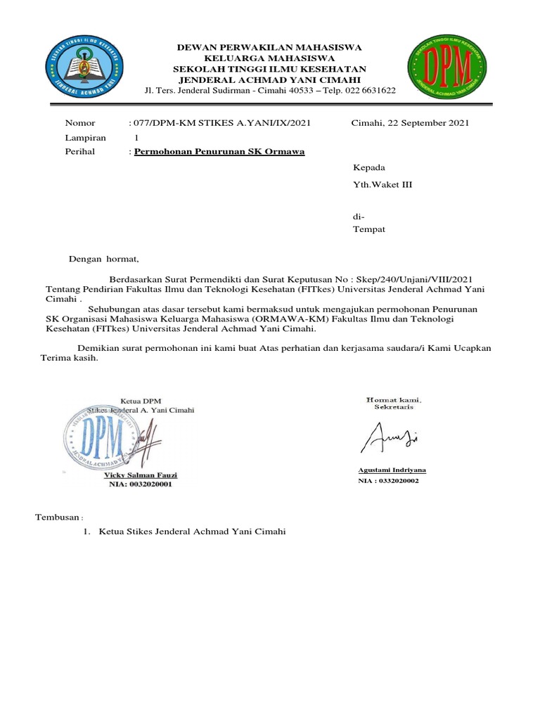 Contoh Surat Tembusan Resmi DPM-KM | PDF