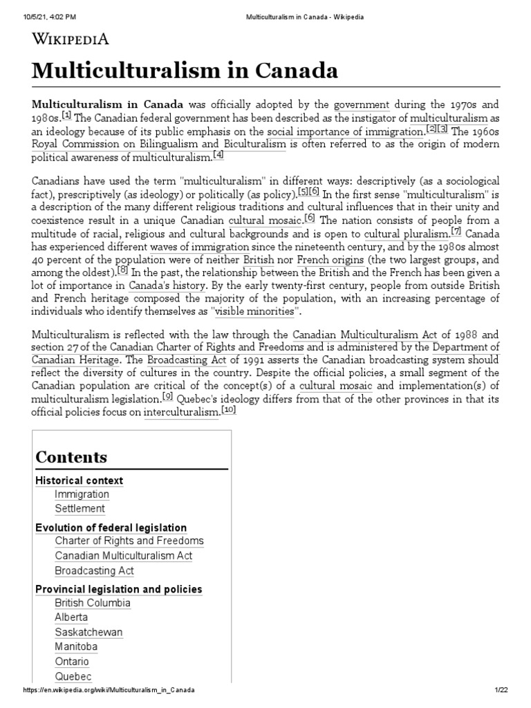 Multiculturalism in Canada - Wikipedia | PDF | Multiculturalism | Canada